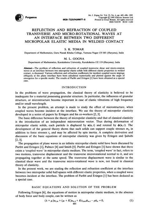 Pdf Reflection And Refraction Of Coupled Transverse And Micro Rotational Waves At An Interface