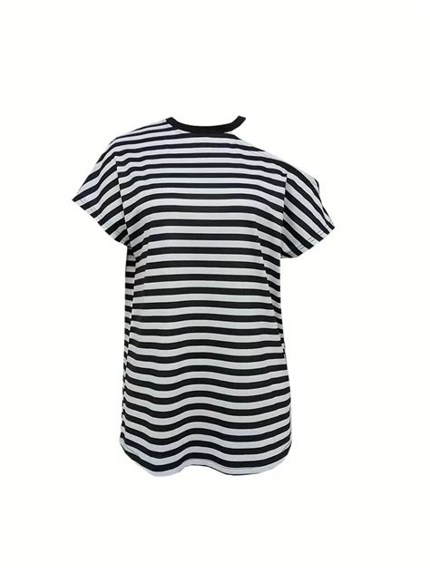 تي شيرت مقلم بكتف بارد ، تي شيرت كاجوال غير متماثل برقبة Temu Saudi