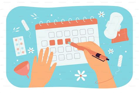 달력에 월경일을 표시하는 여성 손 플랫 벡터 그림입니다 팬티 라이너 생리컵 진통제 탐폰 평면도 기간 주기 월경 건강 관리 호르몬 배경 개념 벡터