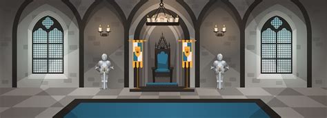 성 회관 등이 있습니다 로얄 장식과 가구로 중세 궁전 식탁 왕좌 인테리어 만화 벡터 일러스트 성 건축물에 대한 스톡 벡터 아트