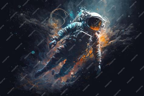 우주의 별과 별자리 사이에 떠 있는 우주 비행사 프리미엄 사진