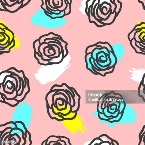 브러시 스트로크 및 손으로 그린 장미의 개략을 반복 한다 귀여운 꽃 완벽 한 패턴입니다 낙서 스케치 낙서 그래픽 프린트에 대한 스톡 벡터 아트 및 기타 이미지 Istock