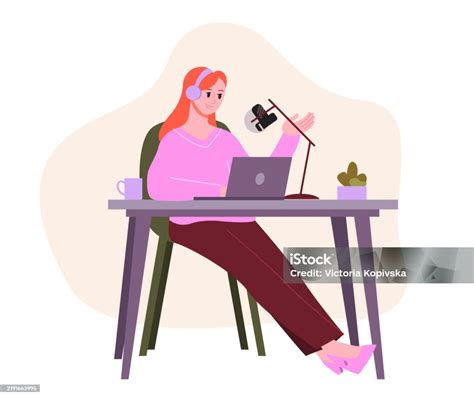팟캐스트 장면 마이크 녹음 팟캐스트와 대화하는 여성 팟캐스터 편안한 의자에 앉아서 새로운 에피소드를 녹음하는 젊은 여성 플랫 스타일의 벡터 일러스트 레이 션 개념에 대한