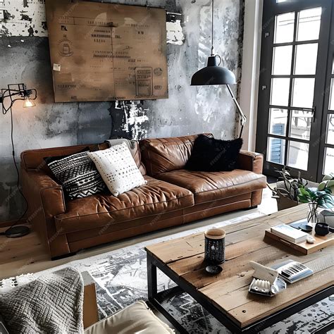 Modern Loft Living Room With Leather Sofa And Industrial Details