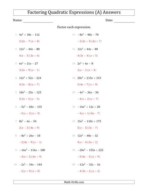 Factoring Quadratic Expressions With Positive Or Negative A Coefficients Up To 4 With A Common