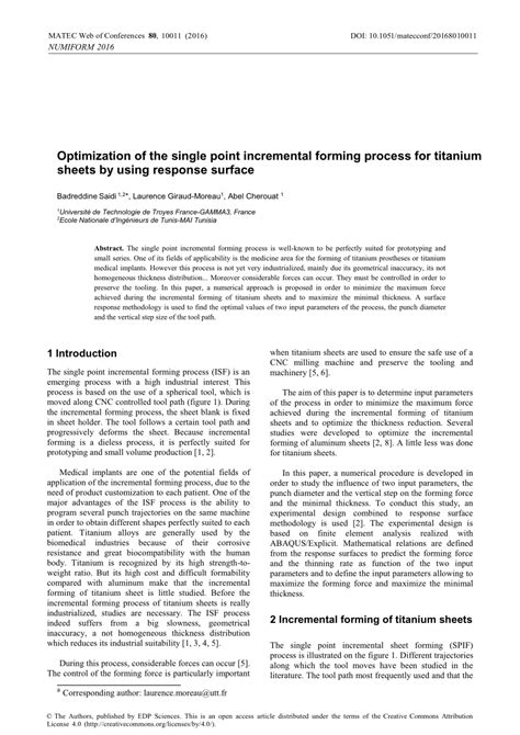 Pdf Optimization Of The Single Point Incremental Forming Process For