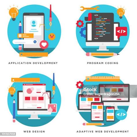 응용 프로그램 웹사이트 개발 프로그램 코딩 및 적응 개념의 평면 벡터 일러스트 모바일에 대 한 요소와 웹 응용 프로그램입니다 0