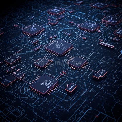 Circuit Board Displaying Multiple Microchips Interconnected By Intricate Blue And Red Stock
