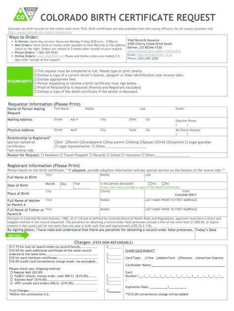 Colorado Birth Certificate Request Blank Fillable Template Fill Out