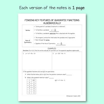 Key Features Quadratic Functions Algebraically Differentiated Notes Worksheet