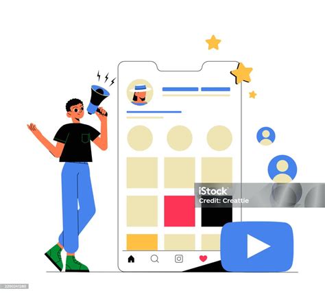 메가폰을 가진 남성 마케터는 소셜 미디어 콘텐츠 온라인 광고 디지털 마케팅 및 인플루언서 전략을 상징하는 플랫 벡터 일러스트 레이 션 흰색 배경에 고립 된 개발에 대한 스톡