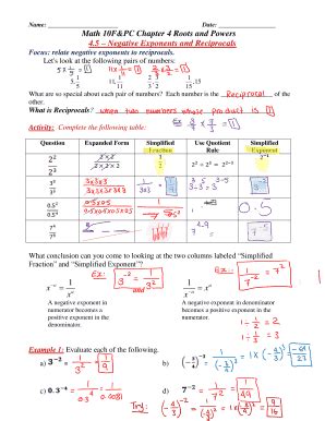 Fillable Online Negative Exponents And Reciprocals Focus Relate Negative Exponents To