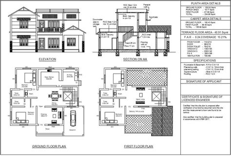 Residential Building With Detailed Plan Section Elevation Specifications With Plin… Building