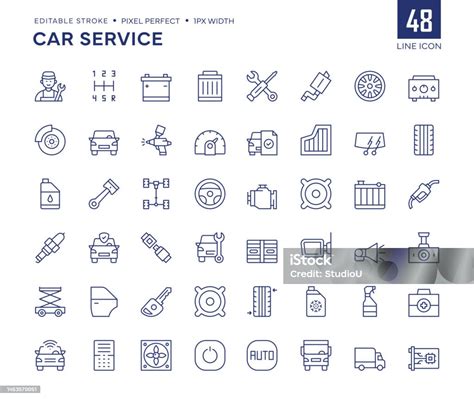 자동차 서비스 라인 아이콘 세트에는 정비사 브레이크 배터리 휠 섀시 유지 보수 피스톤 등의 아이콘이 포함되어 있습니다 아이콘에