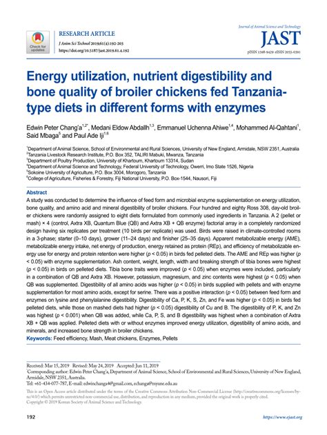 Pdf Energy Utilization Nutrient Digestibility And Bone Quality Of Broiler Chickens Fed