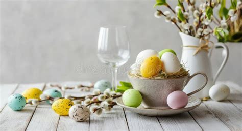 Colorful Easter Eggs In Nest With Willow Decor On Rustic Table Setting