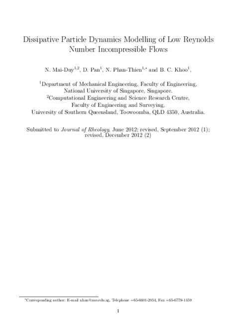 Pdf Dissipative Particle Dynamics Modeling Of Low Reynolds Number Incompressible Flows
