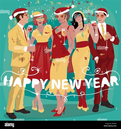 Several Fashionable Young Men And Women In Red Santa Hats And Yellow Suits Are Celebrating New