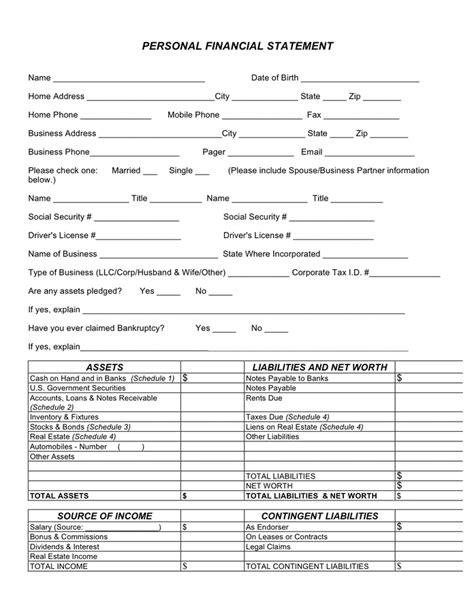 Personal Financial Statement Sample In Word And Pdf Formats