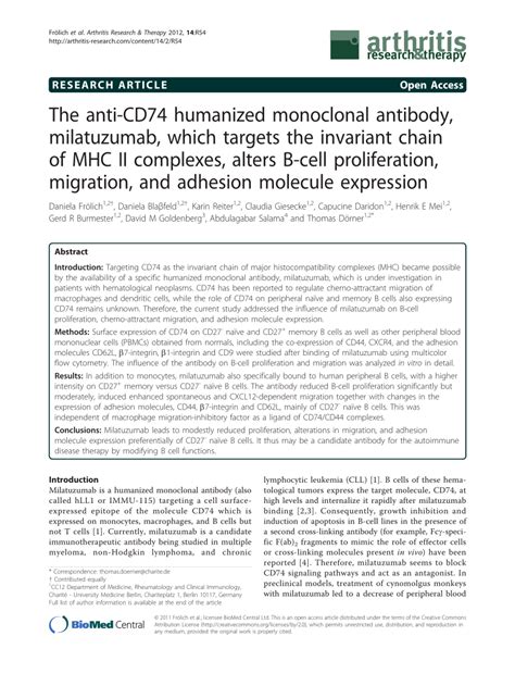 Pdf The Anti Cd74 Humanized Monoclonal Antibody Milatuzumab Which