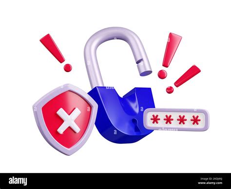 3d render password fraud warning alert personal data protection concept with open padlock