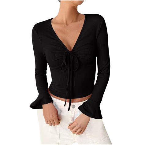 Haiming Womens V Neck Crop Tops Flare Long Sleeve Slim Drawstring