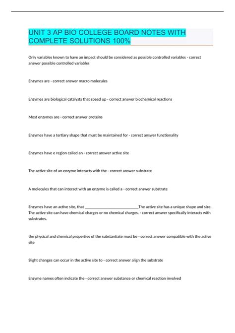 UNIT AP BIO COLLEGE BOARD NOTES WITH COMPLETE SOLUTIONS AP Stuvia US