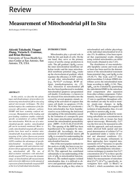 Pdf Measurement Of Mitochondrial Ph In Situ