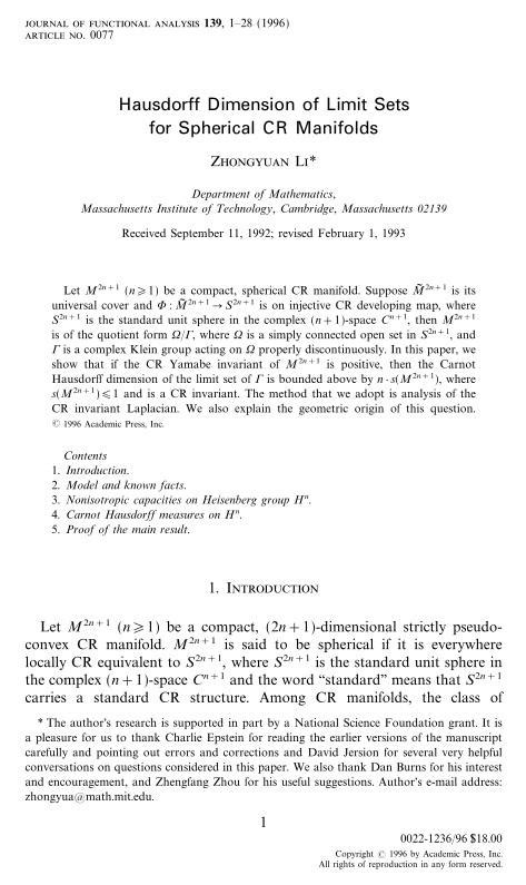 Pdf Hausdorff Dimension Of Limit Sets For Spherical Cr Manifolds Dokumentips