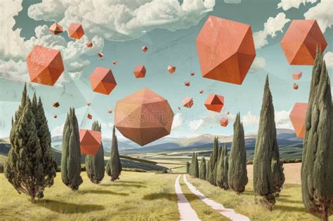 Surreal Dreamscape With Floating Abstract 3d Geometric Objects Stock Illustration Illustration