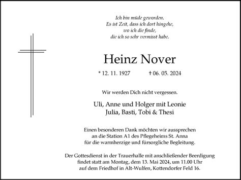 Traueranzeigen Von Heinz Nover Sich Erinnern De