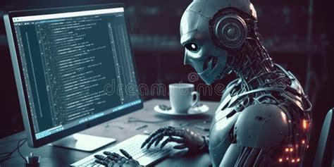Artificial Intelligence Robot Using Computer Software For Gpt Binary Coding Stock Illustration