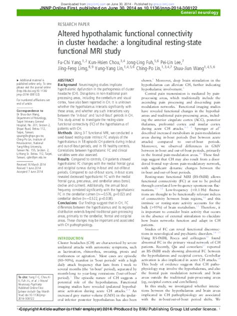 Pdf Altered Hypothalamic Functional Connectivity In Cluster Headache A Longitudinal Resting