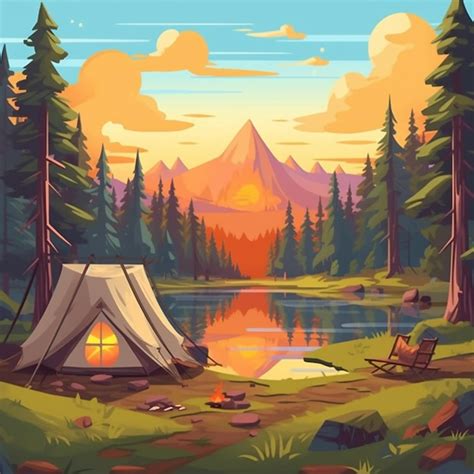 Premium Ai Image Summernature Scene With Trailer Tent And Bonfire