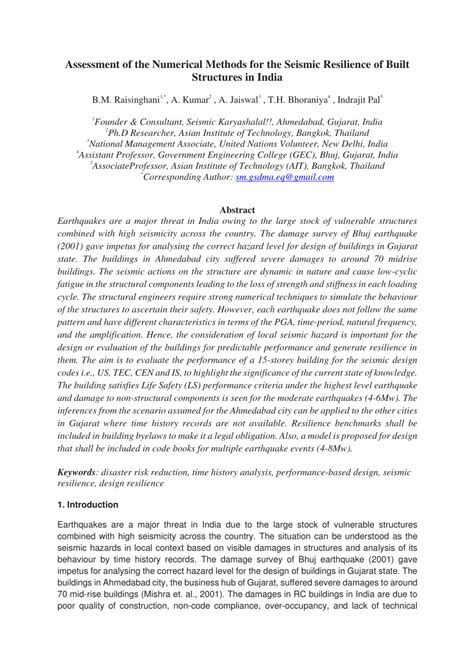 Pdf Assessment Of The Numerical Methods For The Seismic Resilience Of Built Structures In India