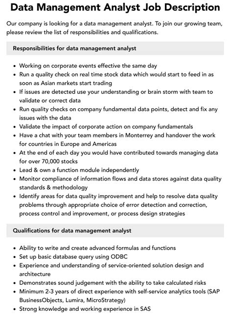 Data Management Analyst Job Description Velvet Jobs
