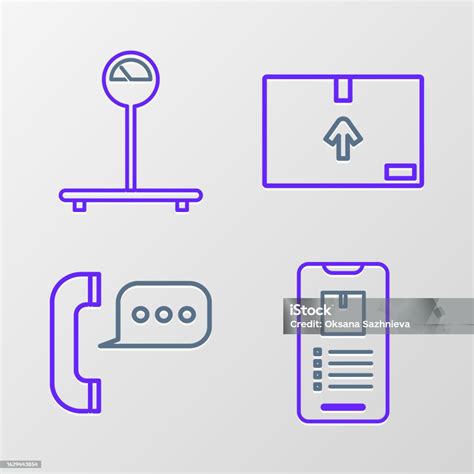 앱 배달 추적 전화 말풍선 채팅 골판지 상자 교통 기호 및 스케일 아이콘으로 라인 휴대폰을 설정합니다 벡터 Brand Name Online Messaging Platform