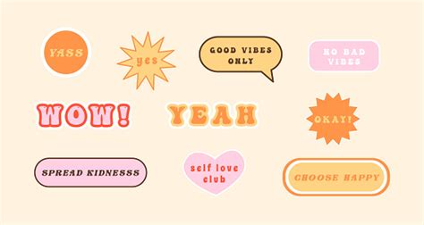 트렌디 한 복고풍 포지티브 스티커 세트 이모티콘과 히피 문구가있는 다양한 패치 모음 미소 얼굴과 속어 단어 플랫 스타일의 벡터 일러스트레이션입니다 스티커에 대한 스톡 벡터