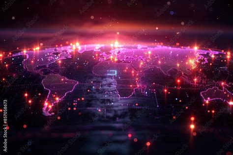 Digital World Map With Glowing Red Hotspots And City Lights Futuristic