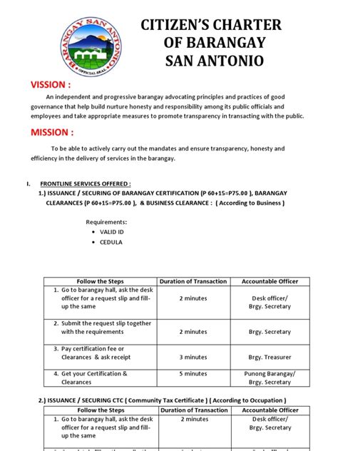 Citizens Charter Of Barangay San Antonio Vission Pdf Patient