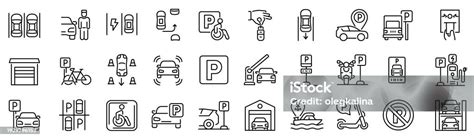 주차와 관련된 30개의 윤곽선 아이콘 세트입니다 선형 아이콘 컬렉션 편집 가능한 획 벡터 일러스트 레이 션 주차장에 대한 스톡 벡터 아트 및 기타 이미지 Istock