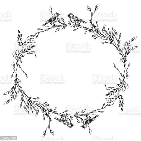 우아하고 귀여운 그림입니다 새 각 분기에 앉아 섬유 및 산업 목적으로 인쇄합니다 그리고 꽃과 나뭇가지의 아름 다운 로맨틱 프레임 벡터 일러스트 레이 션 0명에 대한 스톡
