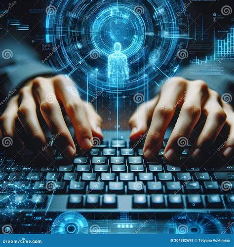 Close Up Of Hands Typing On A Keyboard With Futuristic Holographic Data