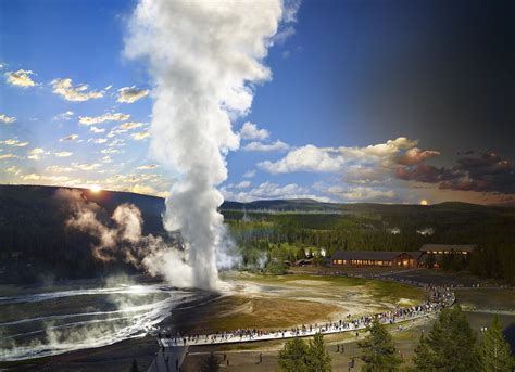 Old Faithful Yellowstone National Park Wyoming Day To Night