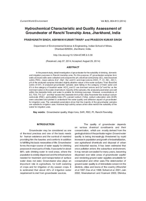 Pdf Hydrochemical Characteristic And Quality Assessment Of Groundwater Of Ranchi Township Area