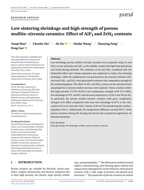 Low Sintering Shrinkage And High Strength Of Porous Mullitezirconia