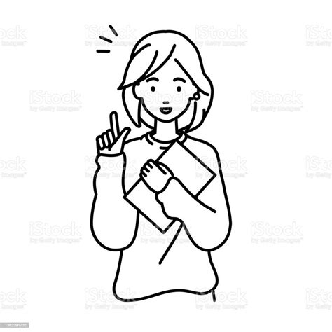 캐주얼 한 스타일의 여성은 문서를 가리키는 손 제스처와 함께 서 아이디어를 받고 가리키기에 대한 스톡 벡터 아트 및 기타 이미지