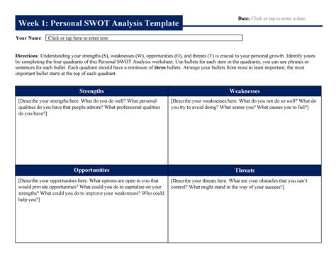 Week Personal SWOT Analysis Template Date Click Or Tap To Enter A Date Your Name Click Or