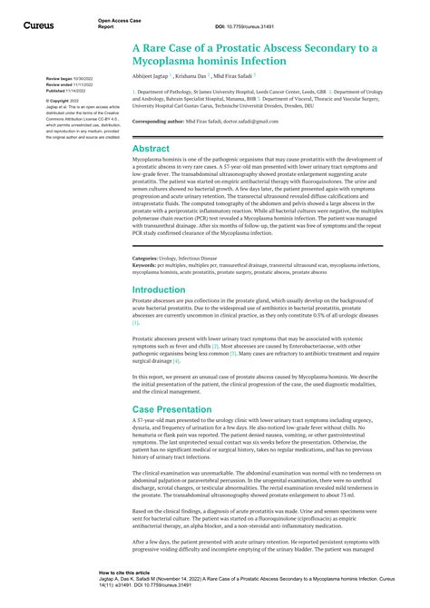 Pdf A Rare Case Of A Prostatic Abscess Secondary To A Mycoplasma Hominis Infection