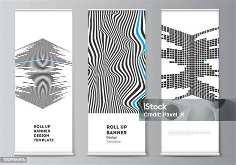 롤업 배너 스탠드 수직 전단지 플래그 디자인 비즈니스 템플릿의 편집 가능한 레이아웃의 벡터 그림 선과 큐브를 사용하여 빅 데이터